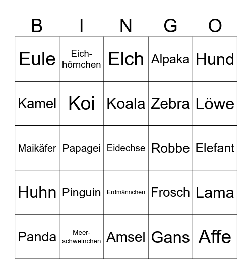 Tiere Bingo Card