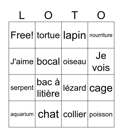 Les animaux domestiques Bingo Card