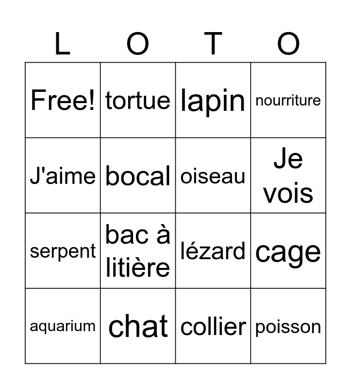 Les animaux domestiques Bingo Card