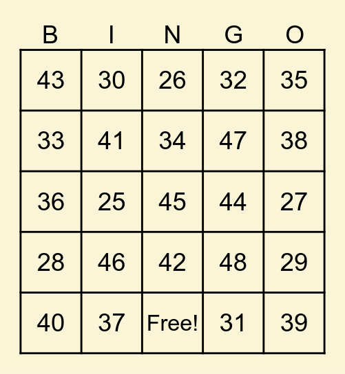 Number Bingo 25 - 48 Bingo Card