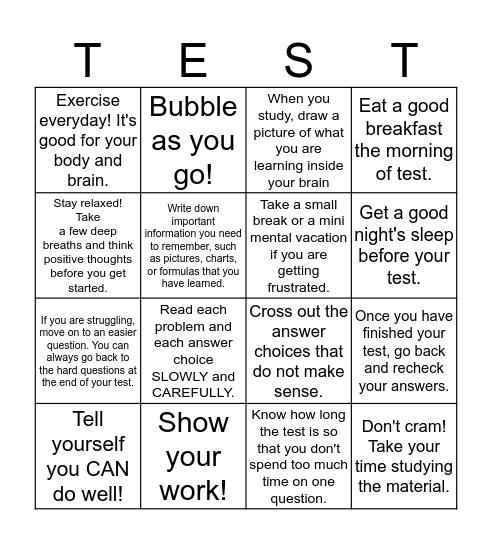 The Anti-Test Anxiety Society Bingo Card