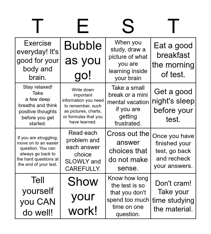 The Anti-Test Anxiety Society Bingo Card