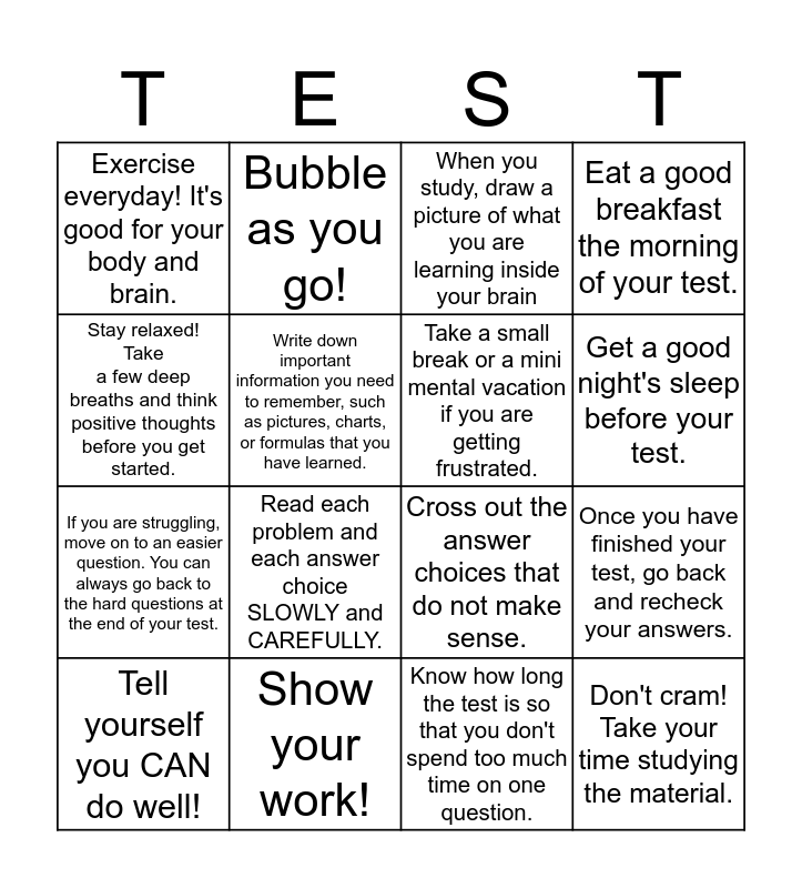 The Anti-Test Anxiety Society Bingo Card