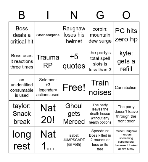 Session 5 Monster House Reference Bingo Card