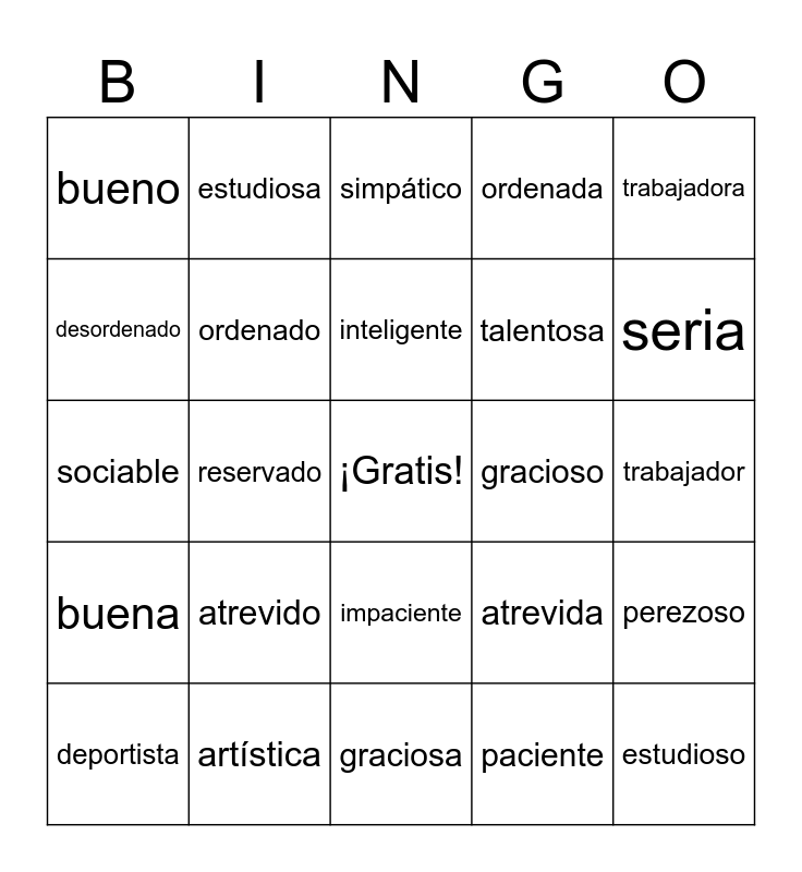Adjetivos Bingo Card