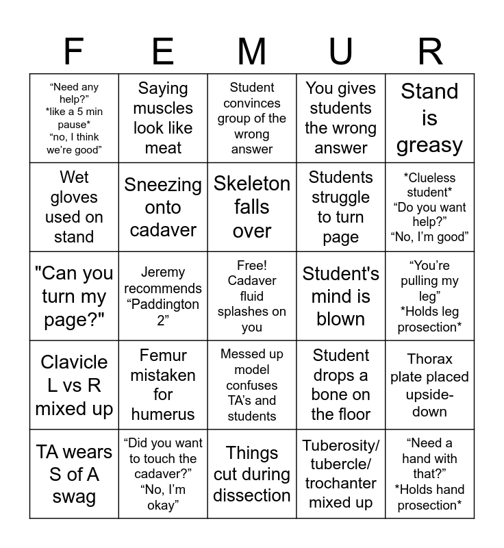 Anatomy TA Bingo Card