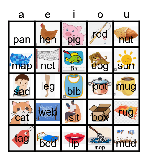 short vowel sounds Bingo Card