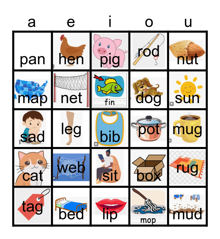 short vowel sounds Bingo Card