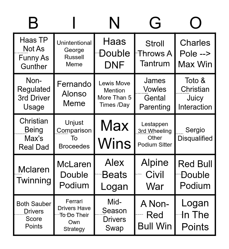 F1 2024 Grid Bingo Card