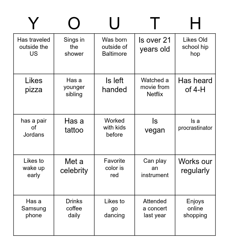 Youth PYD Bingo Card