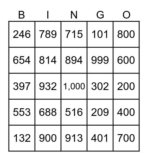 Numbers up to 1,000 Bingo Card