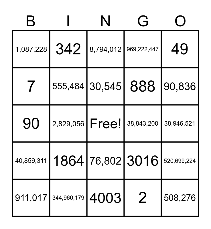 BIG Numbers! Bingo Card