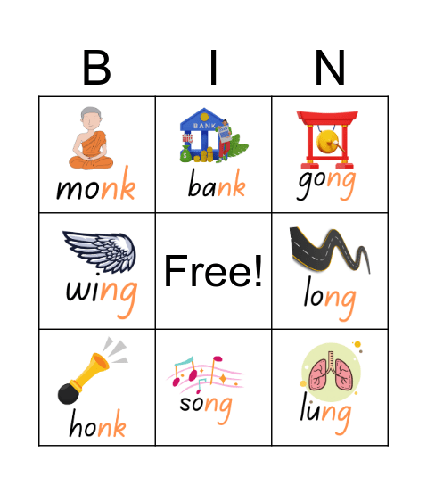 'Ng' and 'Nk' Digraph Bingo Card