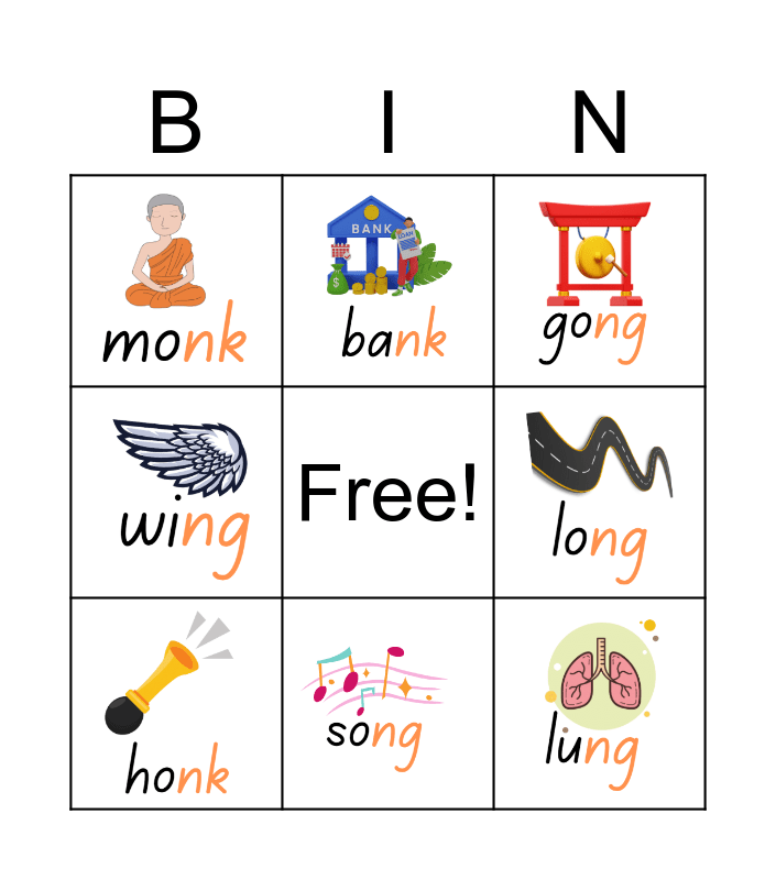 'Ng' and 'Nk' Digraph Bingo Card