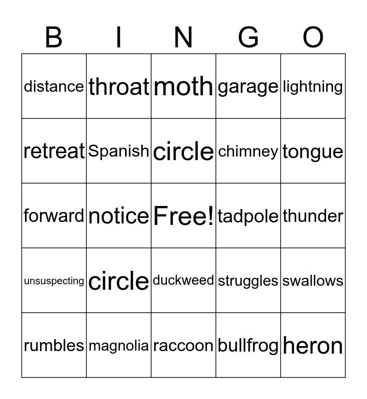 Bullfrog at Magnolia Circle Bingo Card