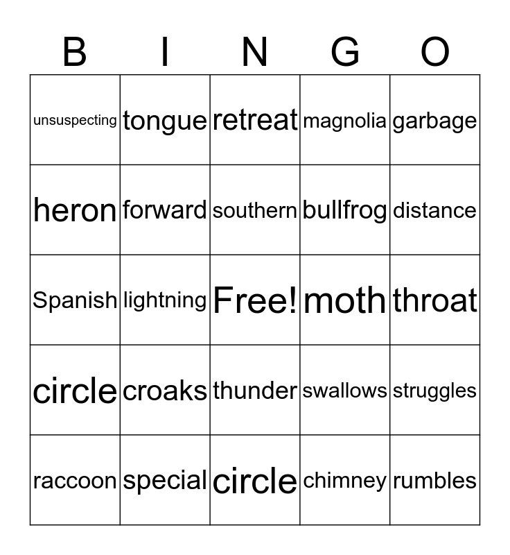 Bullfrog at Magnolia Circle * Bingo Card