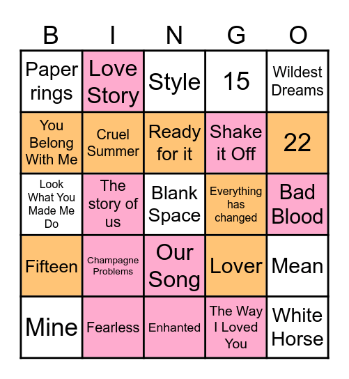 Taylor Swift Bingo Card