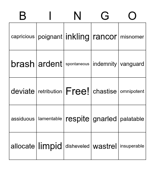 Sadlier Level E Units 9 & 10 Vocab Bingo Card