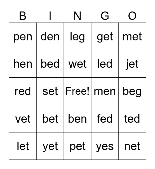 CVC E Words Bingo Card