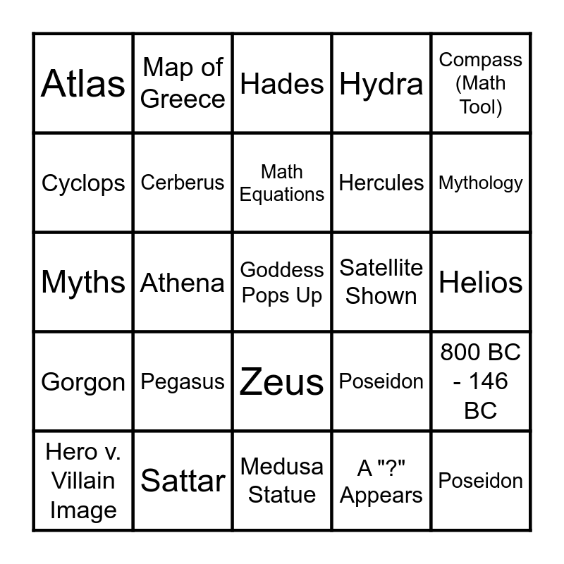 Greek Mythology Bingo Card