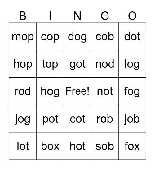 CVC O Words Bingo Card