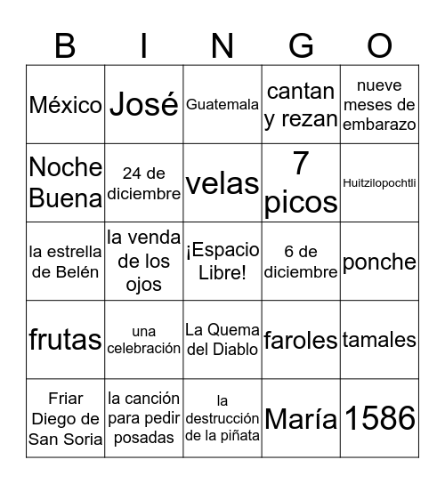 Las Posadas Bingo Card