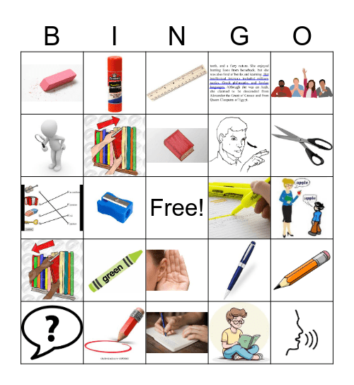 Classroom Verbs & Objects Bingo Card