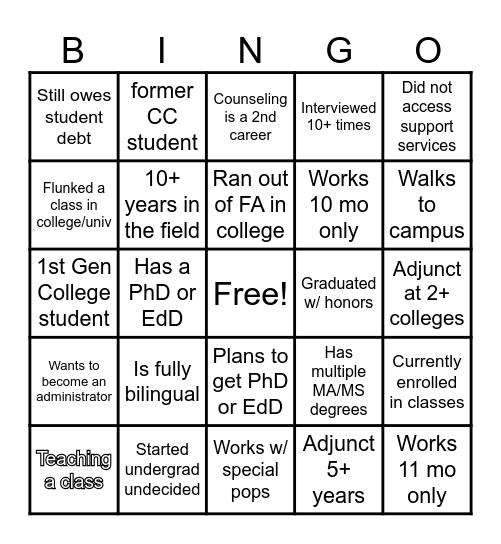 Counseling Bingo Card