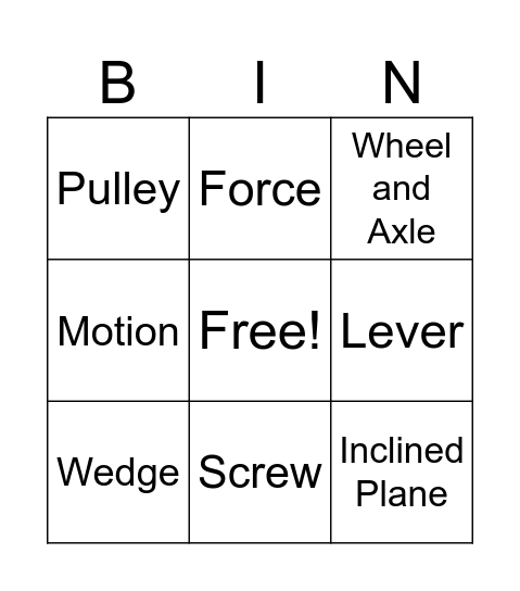Simple Machines Bingo Card