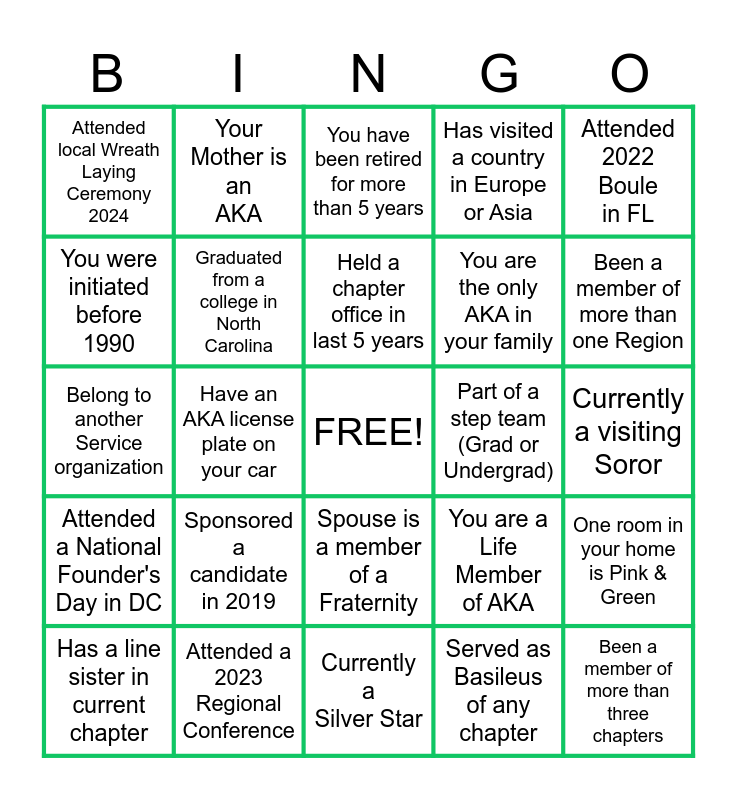 ALPHA KAPPA ALPHA SORORITY Bingo Card