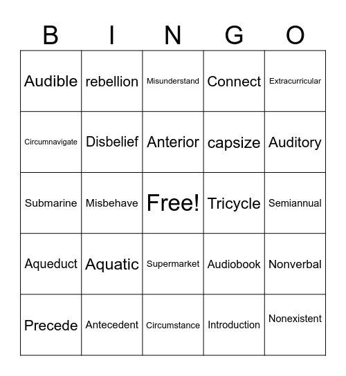 Root Word BINGO! Bingo Card