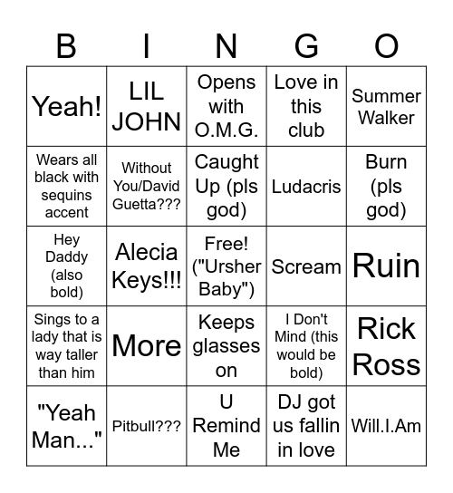 Usher Halftime Show Bingo Card