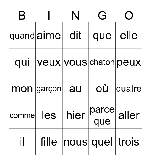 Les mots fréquents Bingo Card