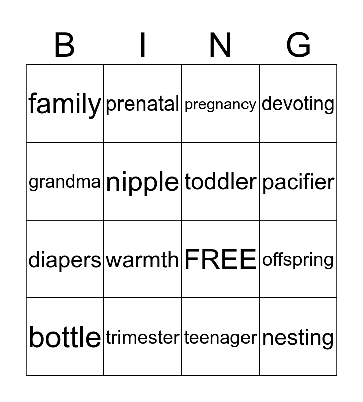 Motherhood Bingo Card