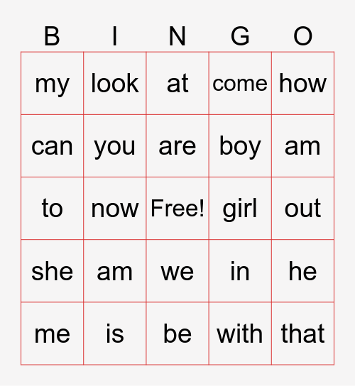 Kindergarten Sight Words Bingo Card