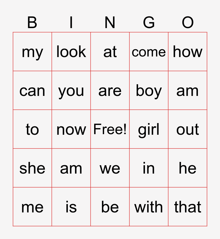 Kindergarten Sight Words Bingo Card