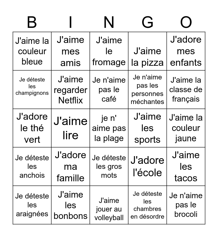 J adore J aime Je N aime Pas Je D teste Bingo Card J adore J aime Je N aime Pas Je D teste Bingo Card