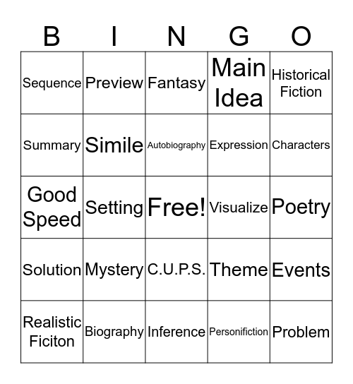 Reading Bingo Card