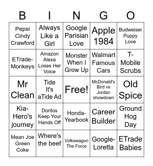 Super Bowl Commercial Bingo Card