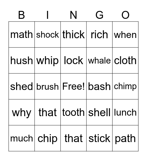 CVC digraph Bingo Card