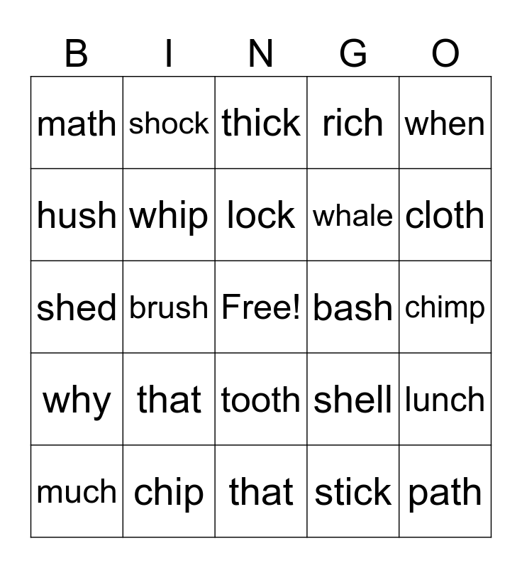 CVC digraph Bingo Card