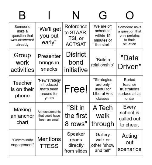 Professional Development Bingo Card