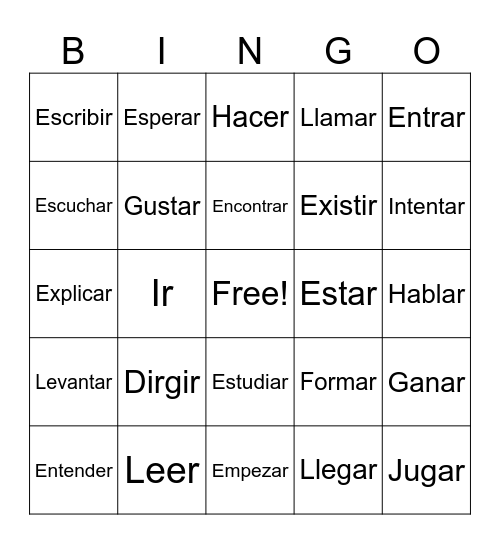 Verb Spanish Bingo Card