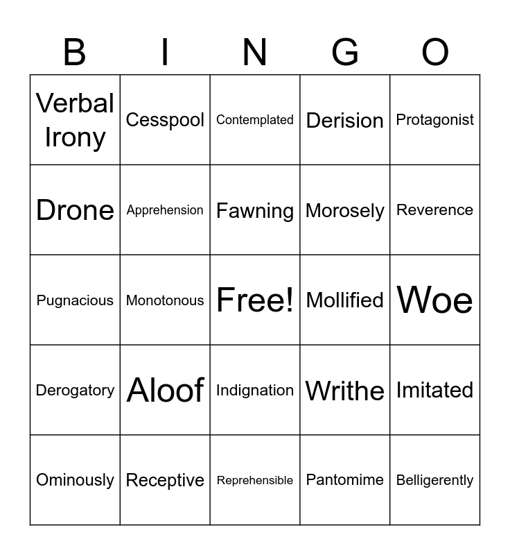 Of Mice and Men Vocabulary Bingo Card