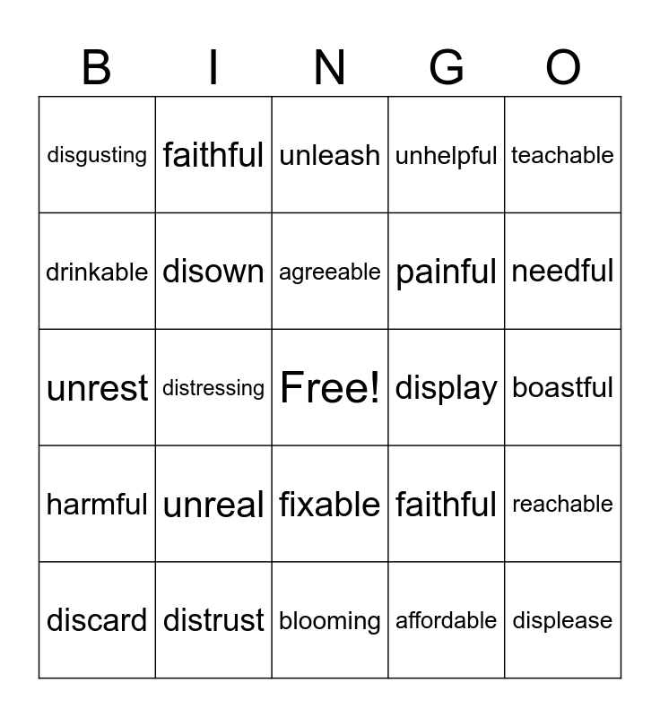 P4R Level 3 Lesson 1-3 word parts Bingo Card