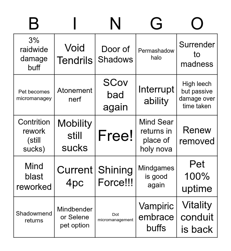 Disc/Shadow Tree Bingo Card