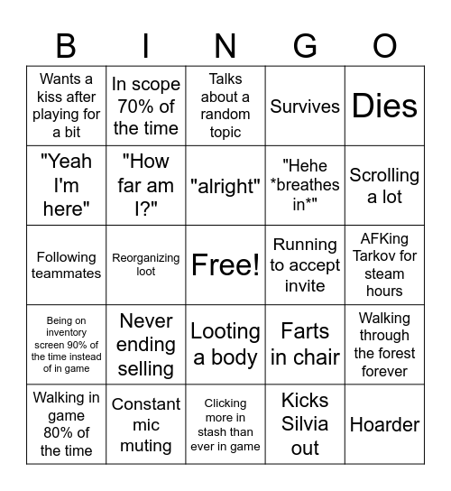 Bubba's Tarkov Experience Bingo Card