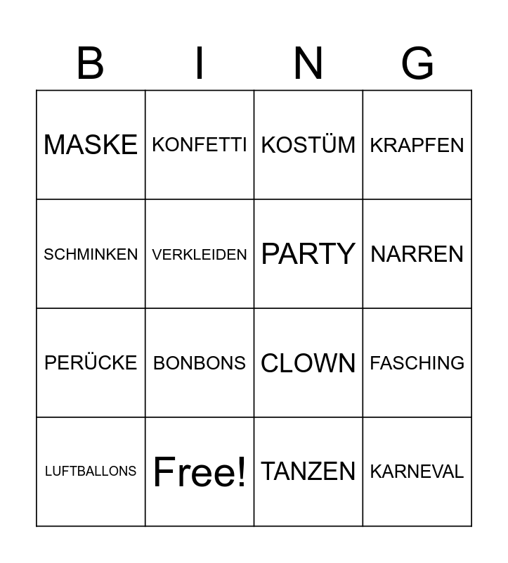 Fasching Bingo Card