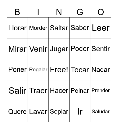Verb Spanish Bingo Card