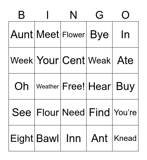 Homophone Bingo Card
